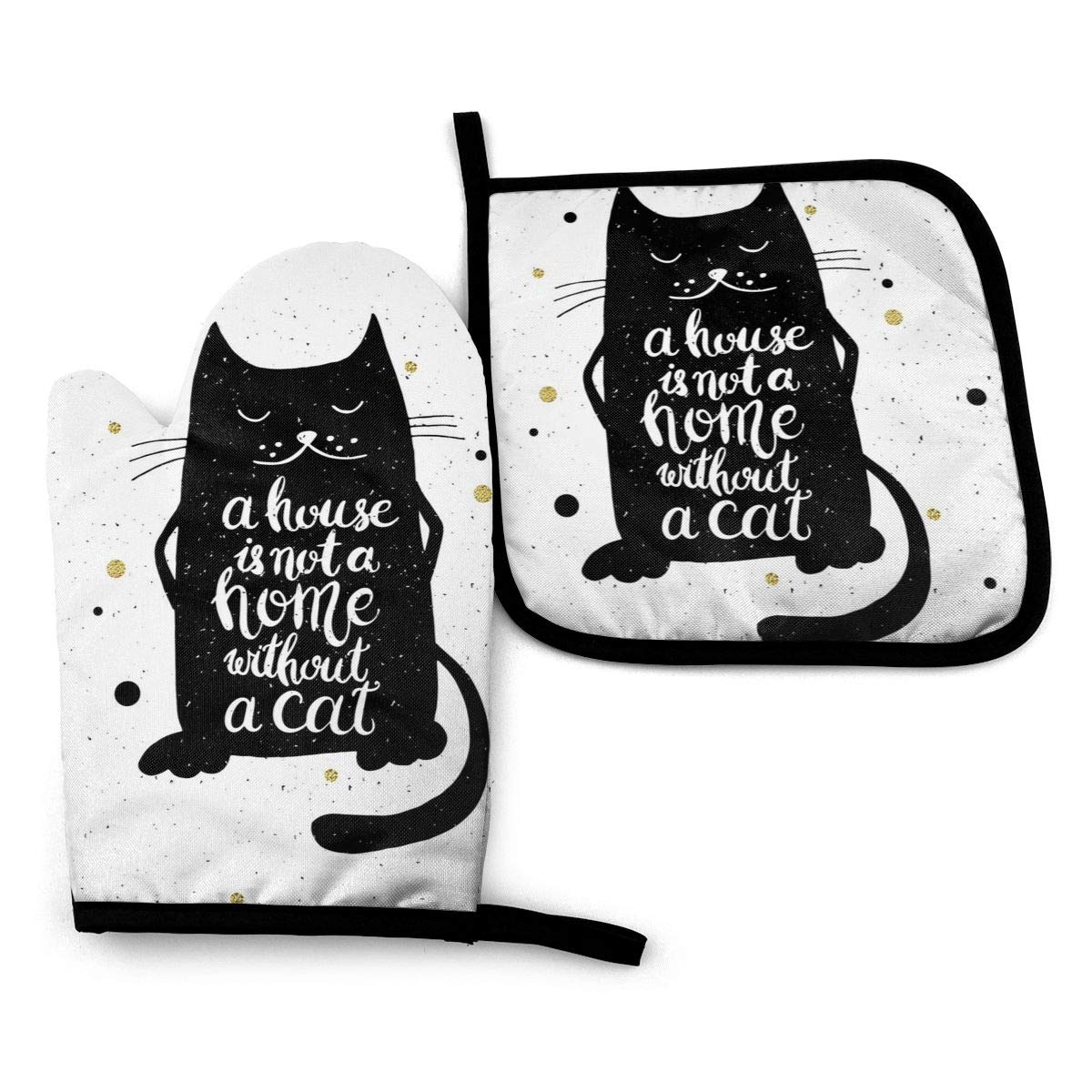 Dujiea Home Kitchen Oven Mitts and Potholders Set, Stylish Cute Black Cat Heat Resistant Waterproof Non Slip BBQ Gloves Hot Pad Set for Baking Cooking Grilling