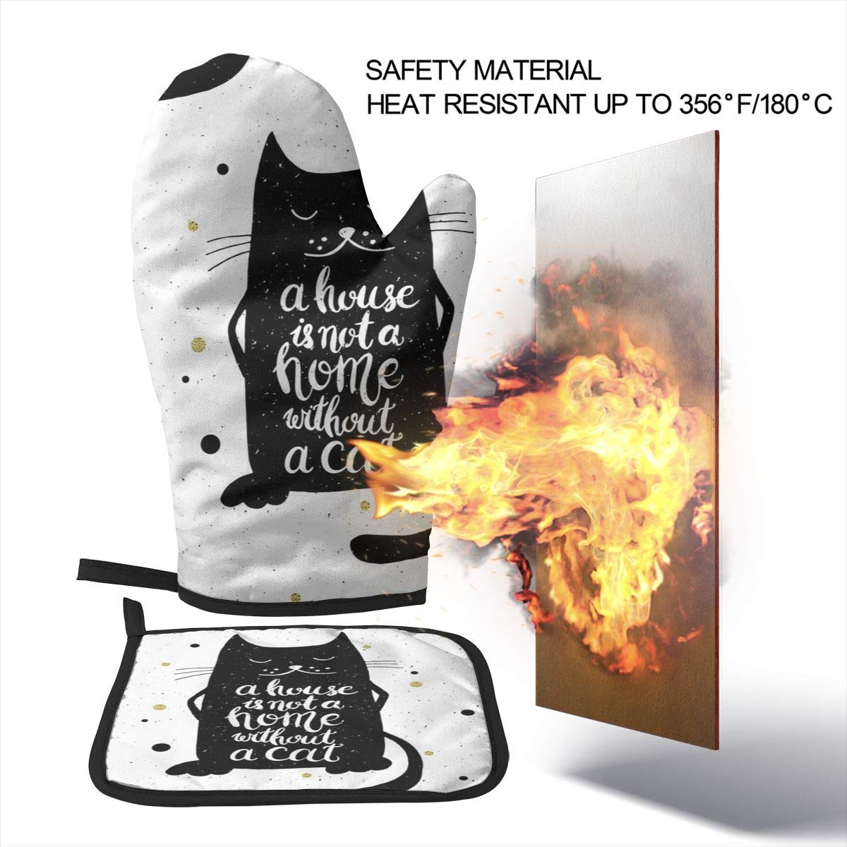 Dujiea Home Kitchen Oven Mitts and Potholders Set, Stylish Cute Black Cat Heat Resistant Waterproof Non Slip BBQ Gloves Hot Pad Set for Baking Cooking Grilling