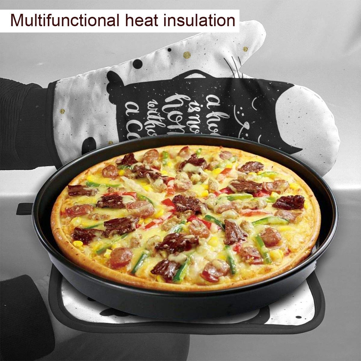 Dujiea Home Kitchen Oven Mitts and Potholders Set, Stylish Cute Black Cat Heat Resistant Waterproof Non Slip BBQ Gloves Hot Pad Set for Baking Cooking Grilling