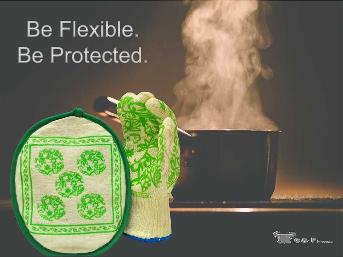 G & F 1688 Dupont Nomex & Kevlar Heat Resistant Oven Gloves, 3-Finger Oven Gloves & Pot Holder Set