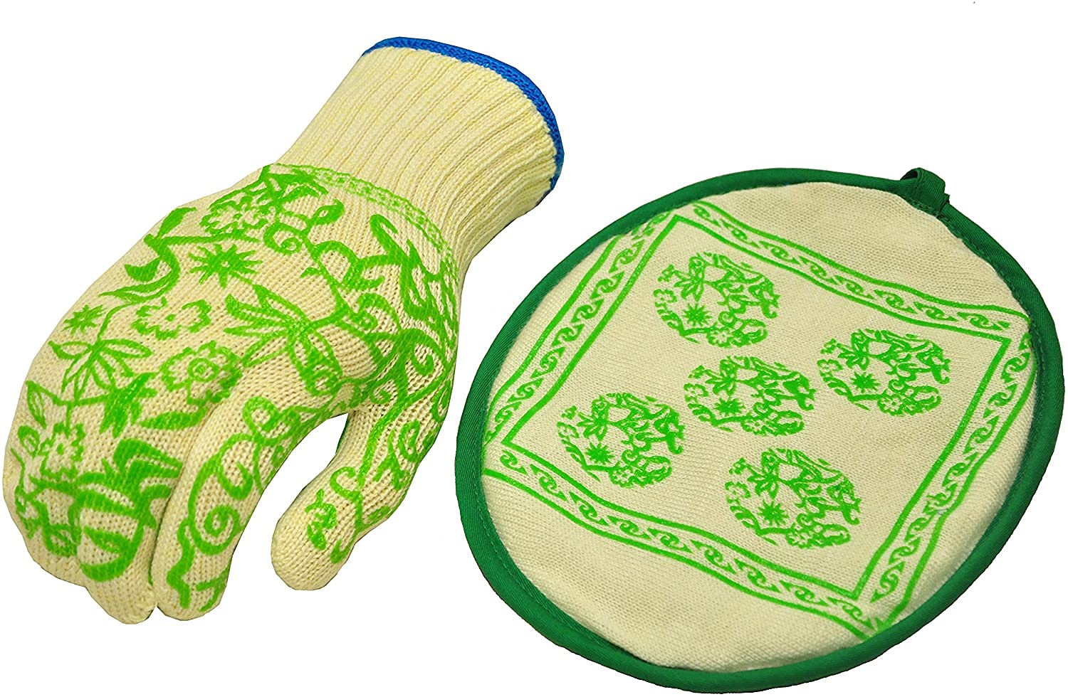 G & F 1688 Dupont Nomex & Kevlar Heat Resistant Oven Gloves, 3-Finger Oven Gloves & Pot Holder Set