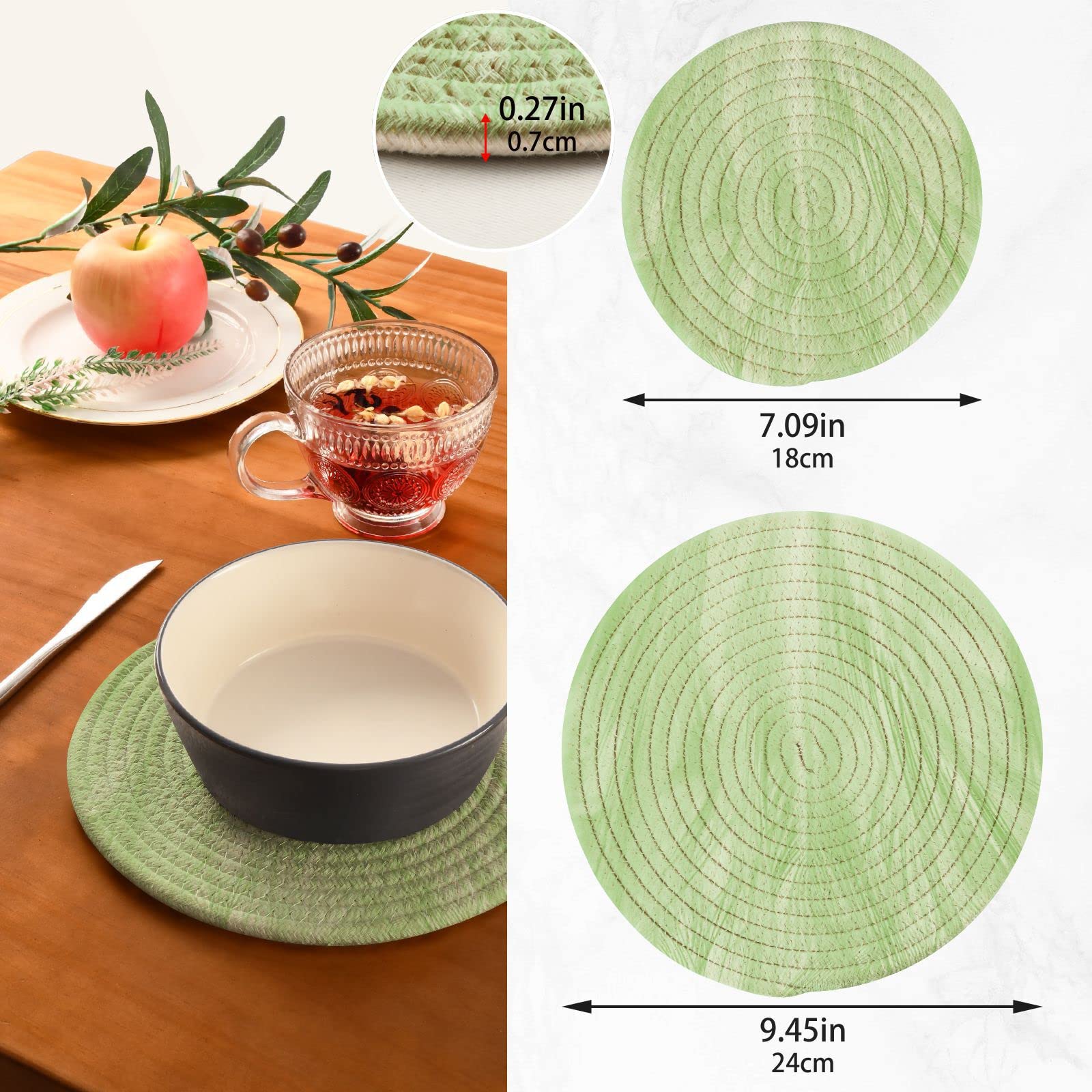 Kigai Green Feather Pot Holder Set of 2,Heat Resistant Round Cotton Hot Pads Table Mats Trivets for Hot Dishes/Pot/Bowl/Teapot/Hot Pot Holders,7 Inch + 9 Inch