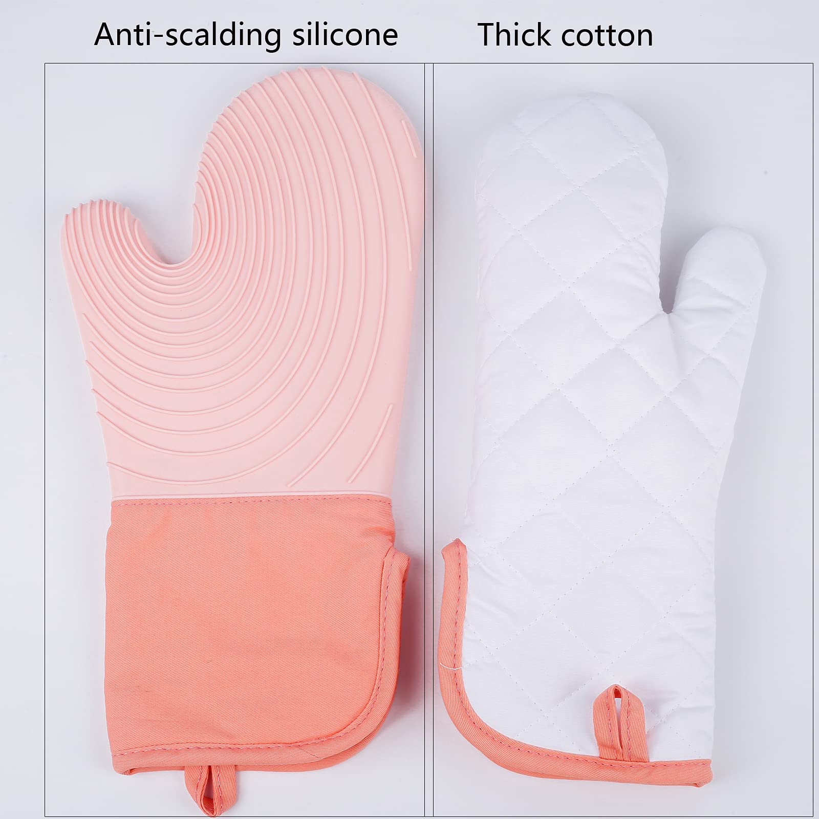 Silicone Oven Mitts with Extra Long Cuff and Comfort Lining，Oven Mitts with Quilted Liner， Heat Resistant Flexible Oven Mitt for Kitchen Baking Cooking，Machine Washable，1 Pair，13.5 Inch,Pink