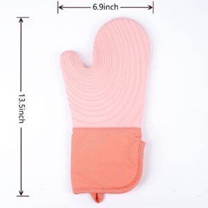 Silicone Oven Mitts with Extra Long Cuff and Comfort Lining，Oven Mitts with Quilted Liner， Heat Resistant Flexible Oven Mitt for Kitchen Baking Cooking，Machine Washable，1 Pair，13.5 Inch,Pink