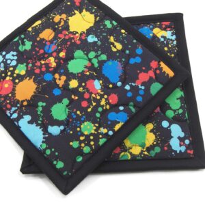 Colorful Hot Pads, Quilted Pot Holders - Color Splatters on Black Set of Two - 8 Inch Square