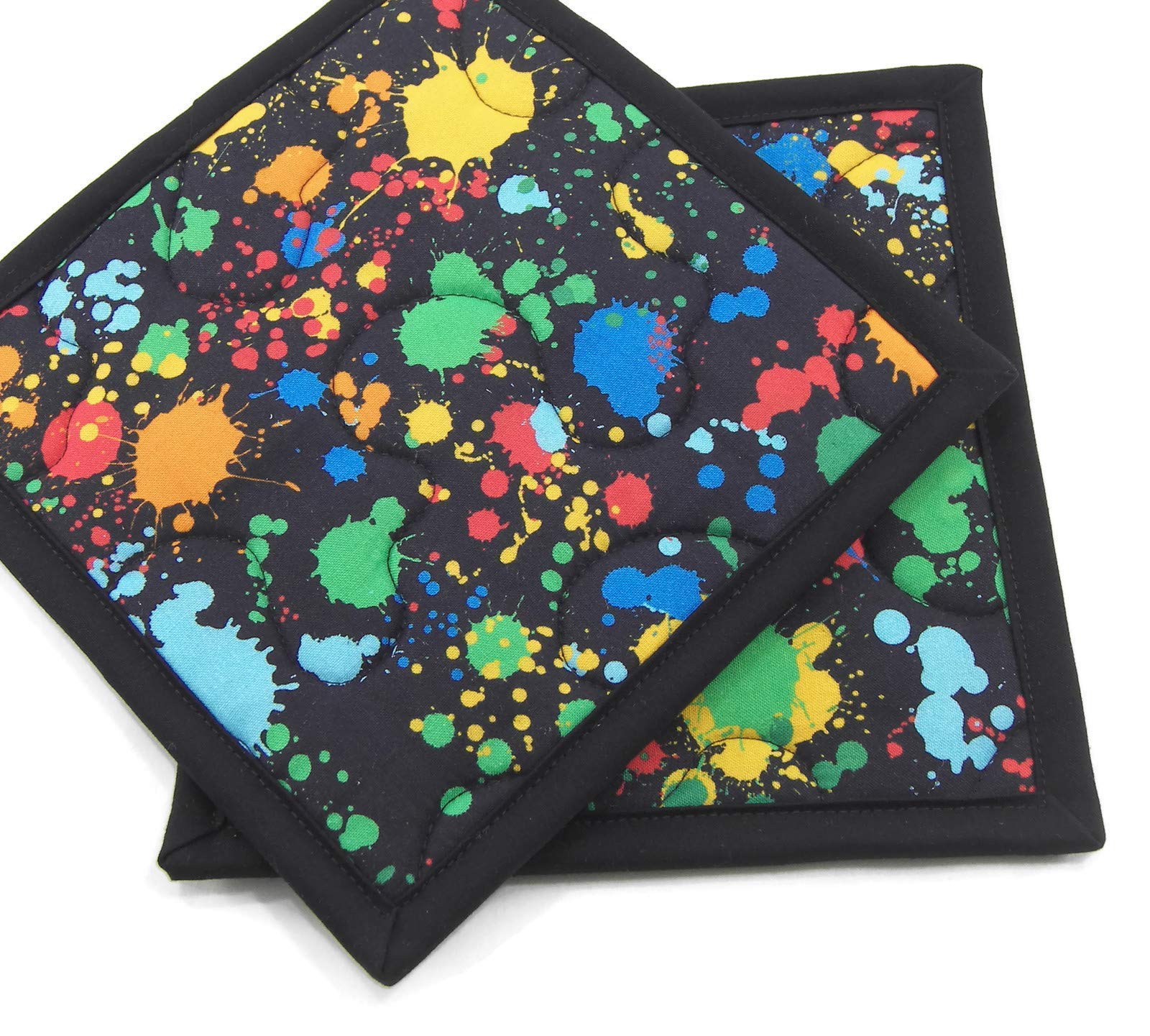 Colorful Hot Pads, Quilted Pot Holders - Color Splatters on Black Set of Two - 8 Inch Square