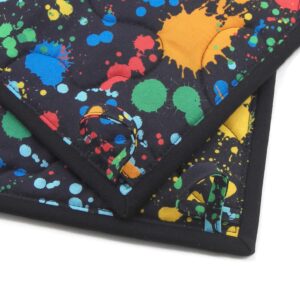 Colorful Hot Pads, Quilted Pot Holders - Color Splatters on Black Set of Two - 8 Inch Square