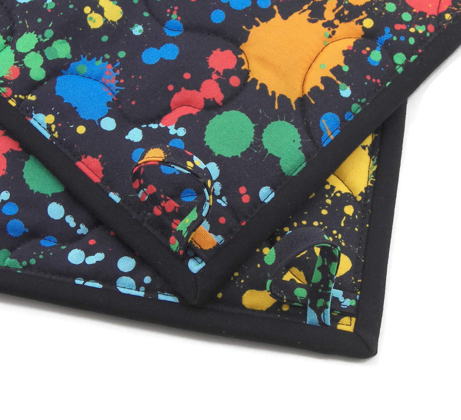 Colorful Hot Pads, Quilted Pot Holders - Color Splatters on Black Set of Two - 8 Inch Square