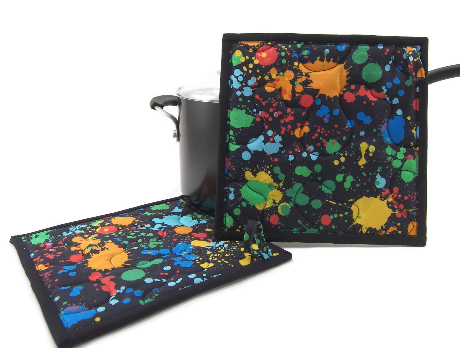 Colorful Hot Pads, Quilted Pot Holders - Color Splatters on Black Set of Two - 8 Inch Square