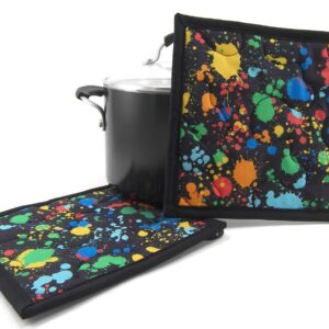 Colorful Hot Pads, Quilted Pot Holders - Color Splatters on Black Set of Two - 8 Inch Square