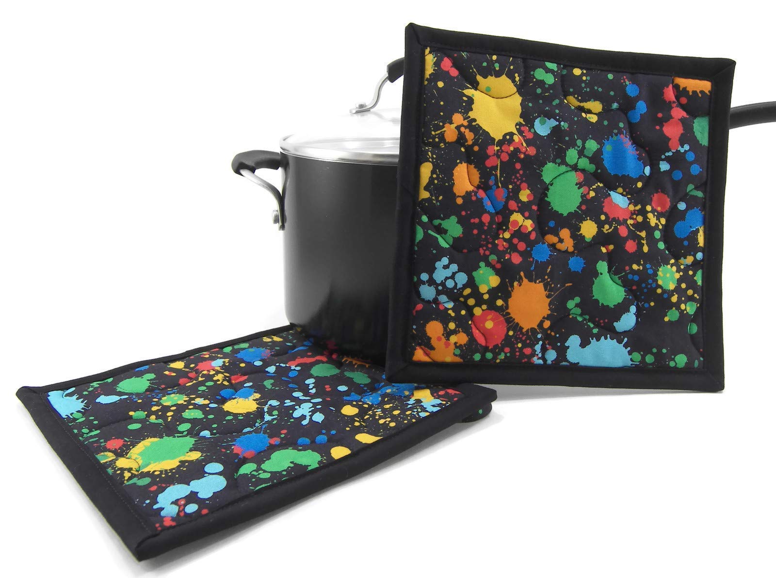 Colorful Hot Pads, Quilted Pot Holders - Color Splatters on Black Set of Two - 8 Inch Square