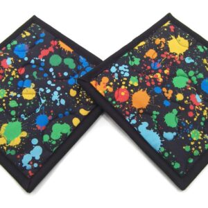 Colorful Hot Pads, Quilted Pot Holders - Color Splatters on Black Set of Two - 8 Inch Square