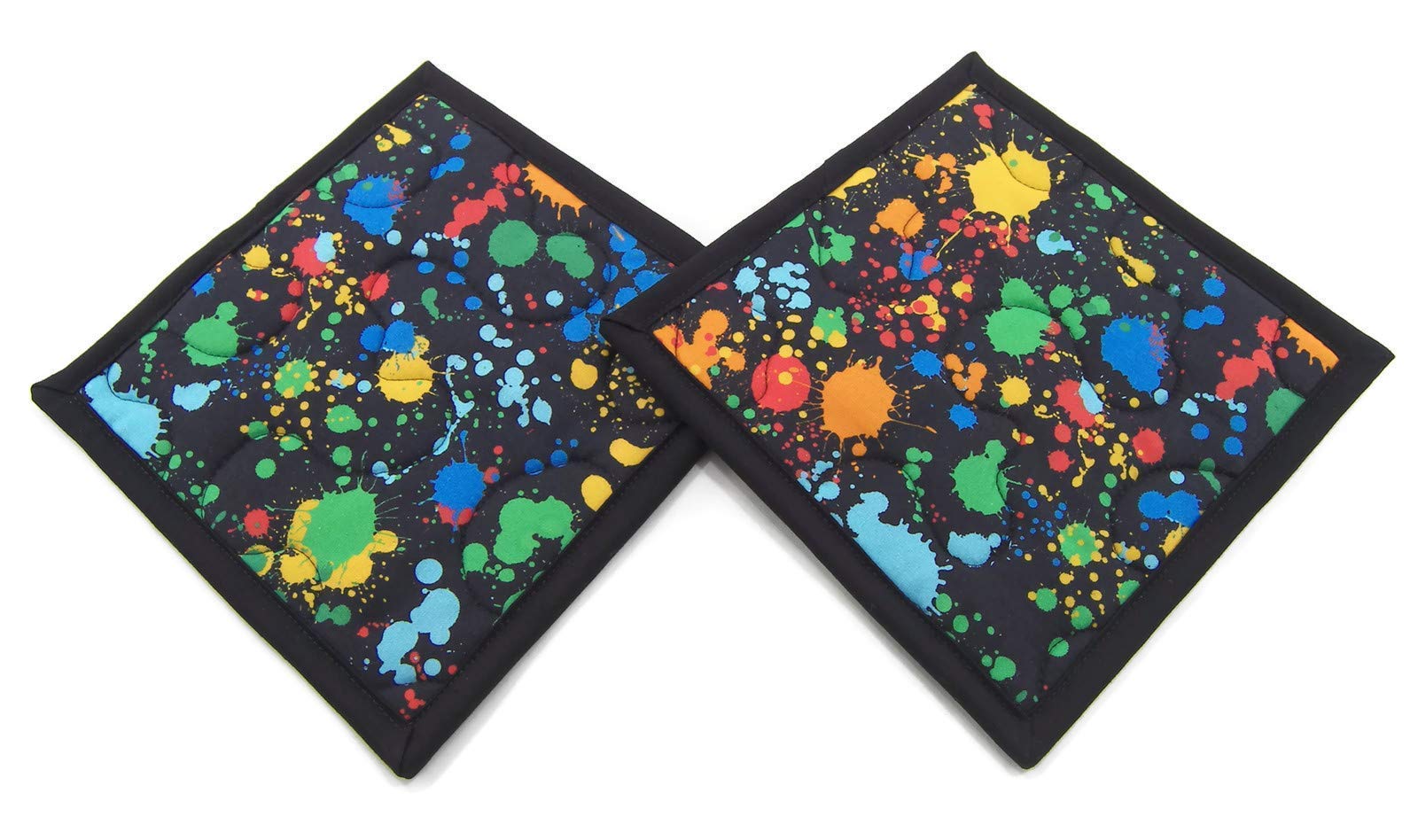 Colorful Hot Pads, Quilted Pot Holders - Color Splatters on Black Set of Two - 8 Inch Square