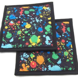 Colorful Hot Pads, Quilted Pot Holders - Color Splatters on Black Set of Two - 8 Inch Square