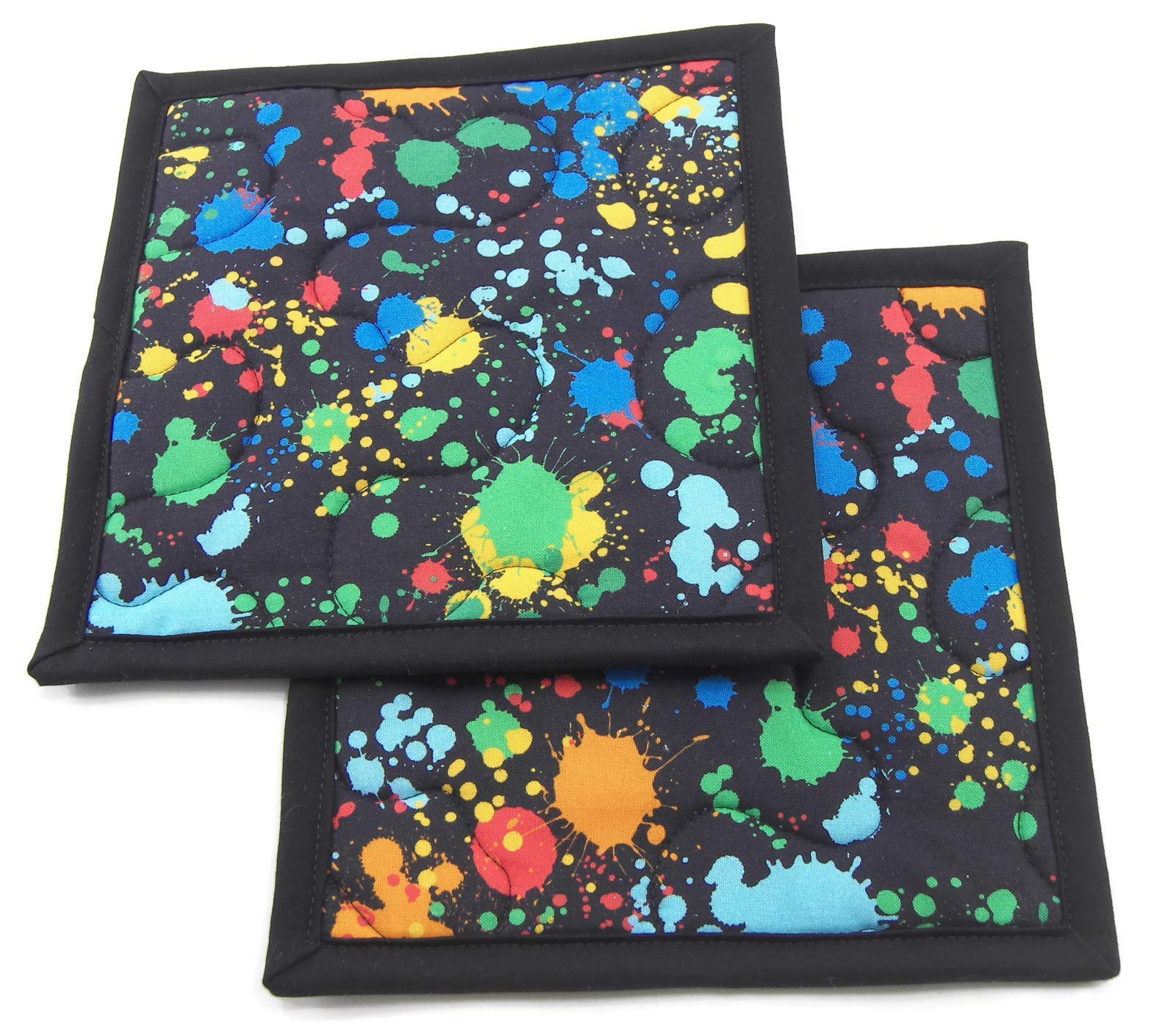 Colorful Hot Pads, Quilted Pot Holders - Color Splatters on Black Set of Two - 8 Inch Square