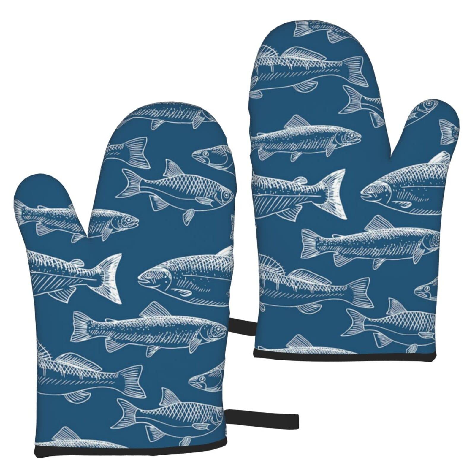 Ocean Fishes Print Oven Mitts Sets,Kitchen Oven Glove High Heat Resistant 500 Degree Oven Mitts and Pot Holder,Surface Safe for Baking, Cooking, BBQ,Pack of 2