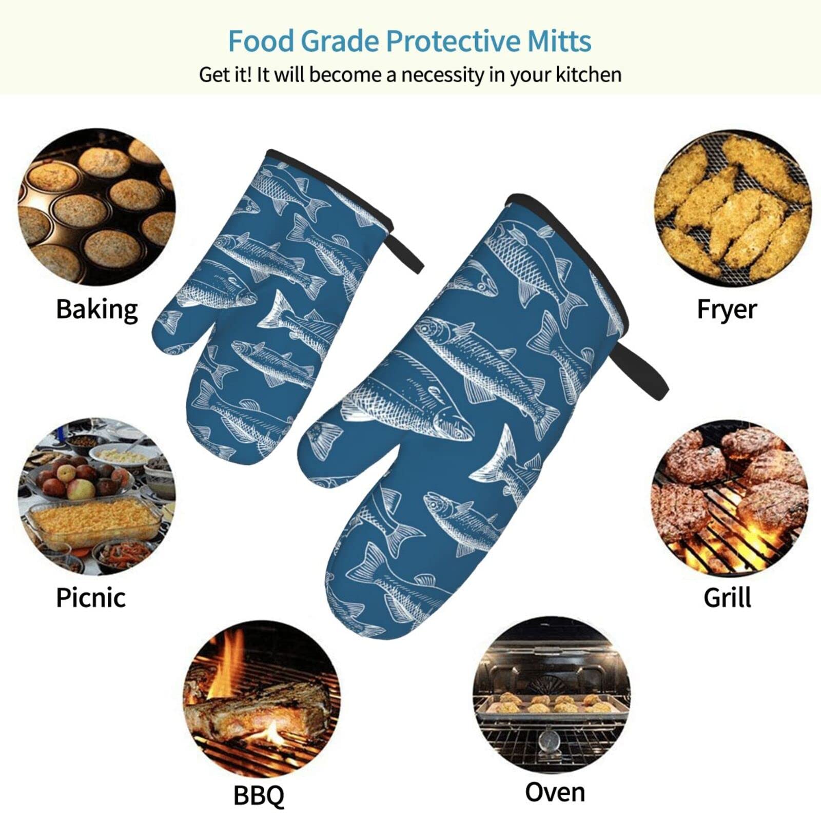 Ocean Fishes Print Oven Mitts Sets,Kitchen Oven Glove High Heat Resistant 500 Degree Oven Mitts and Pot Holder,Surface Safe for Baking, Cooking, BBQ,Pack of 2