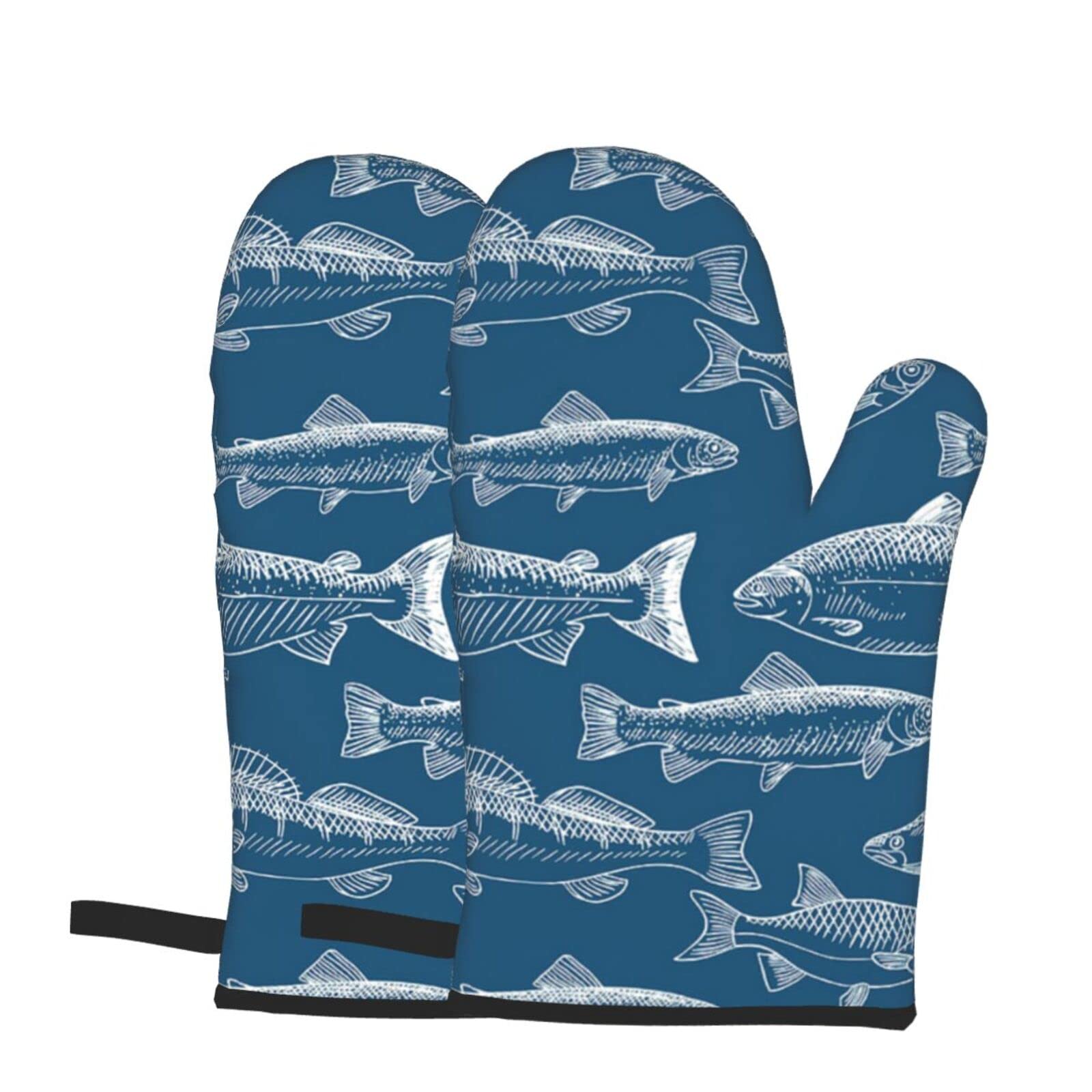 Ocean Fishes Print Oven Mitts Sets,Kitchen Oven Glove High Heat Resistant 500 Degree Oven Mitts and Pot Holder,Surface Safe for Baking, Cooking, BBQ,Pack of 2