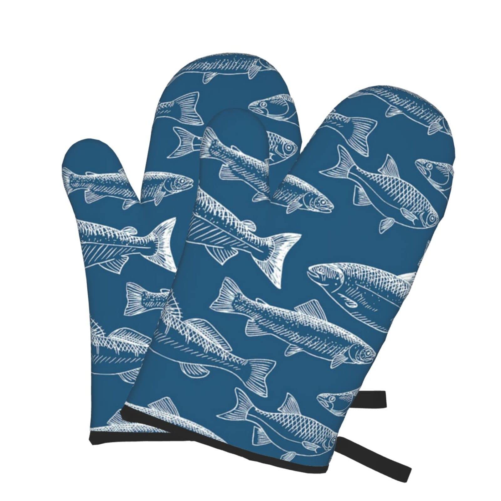 Ocean Fishes Print Oven Mitts Sets,Kitchen Oven Glove High Heat Resistant 500 Degree Oven Mitts and Pot Holder,Surface Safe for Baking, Cooking, BBQ,Pack of 2