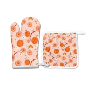 cenhome oven mitts orange peaches floral branches light pink 2 pack oven gloves and pot holder sets 482¨h heat resistant cotton lining kitchen cooking baking grilling bbq