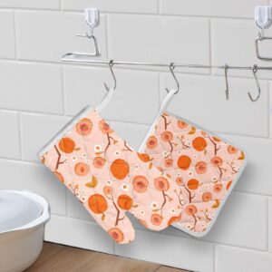 CENHOME Oven Mitts Orange Peaches Floral Branches Light Pink 2 Pack Oven Gloves and Pot Holder Sets 482¨H Heat Resistant Cotton Lining Kitchen Cooking Baking Grilling BBQ