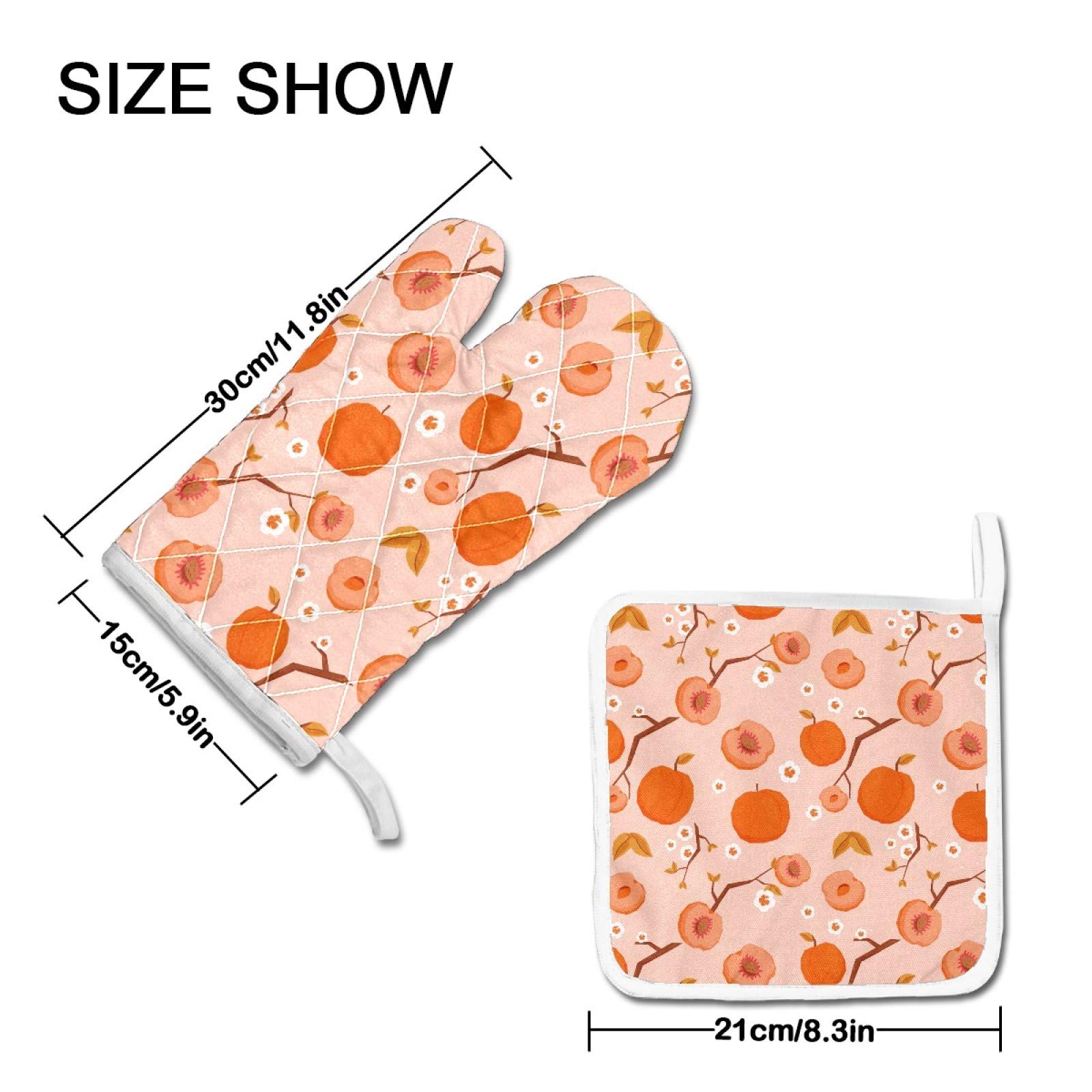 CENHOME Oven Mitts Orange Peaches Floral Branches Light Pink 2 Pack Oven Gloves and Pot Holder Sets 482¨H Heat Resistant Cotton Lining Kitchen Cooking Baking Grilling BBQ