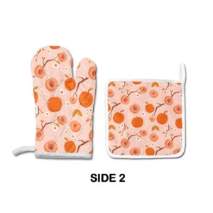 CENHOME Oven Mitts Orange Peaches Floral Branches Light Pink 2 Pack Oven Gloves and Pot Holder Sets 482¨H Heat Resistant Cotton Lining Kitchen Cooking Baking Grilling BBQ