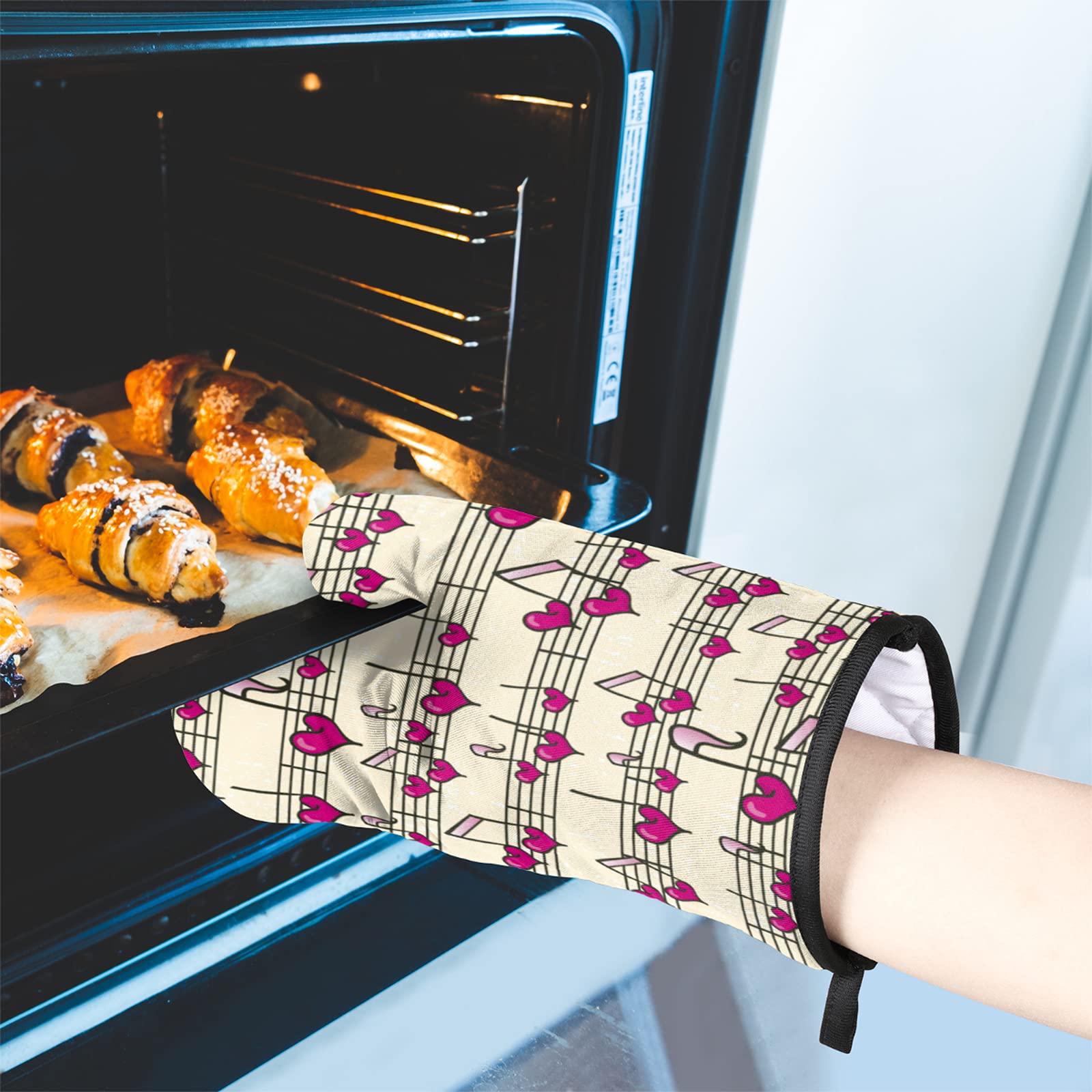 Oven Mitts and Pot Holders Set, Music Note Staff Love Heart 2 PCS Heat Resistant Non-Slip Oven Glove Hot Pads Washable Oven Mitts with Quilted Liner for Cooking Baking BBQ Grilling Barbecue