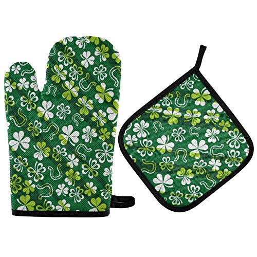 Green Shamrock Horseshoe Oven Mitts Pot Holders Set, St Saint Patricks Day Oven Gloves Potholders 2Pcs Microwave Glove Hot Pad for Baking Cooking Grilling BBQ Kitchen Decor Gifts