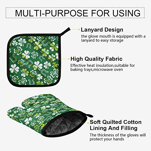 Green Shamrock Horseshoe Oven Mitts Pot Holders Set, St Saint Patricks Day Oven Gloves Potholders 2Pcs Microwave Glove Hot Pad for Baking Cooking Grilling BBQ Kitchen Decor Gifts