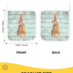 Happy Easter Rabbits 2 Pack Pot Holders Heat Insulation Hot Pads, Cute Cartoon Bunny Washable Oven Pot Holder Set for Kitchen Spring Blue Wood Grain Potholders for Baking Cooking Dining Table