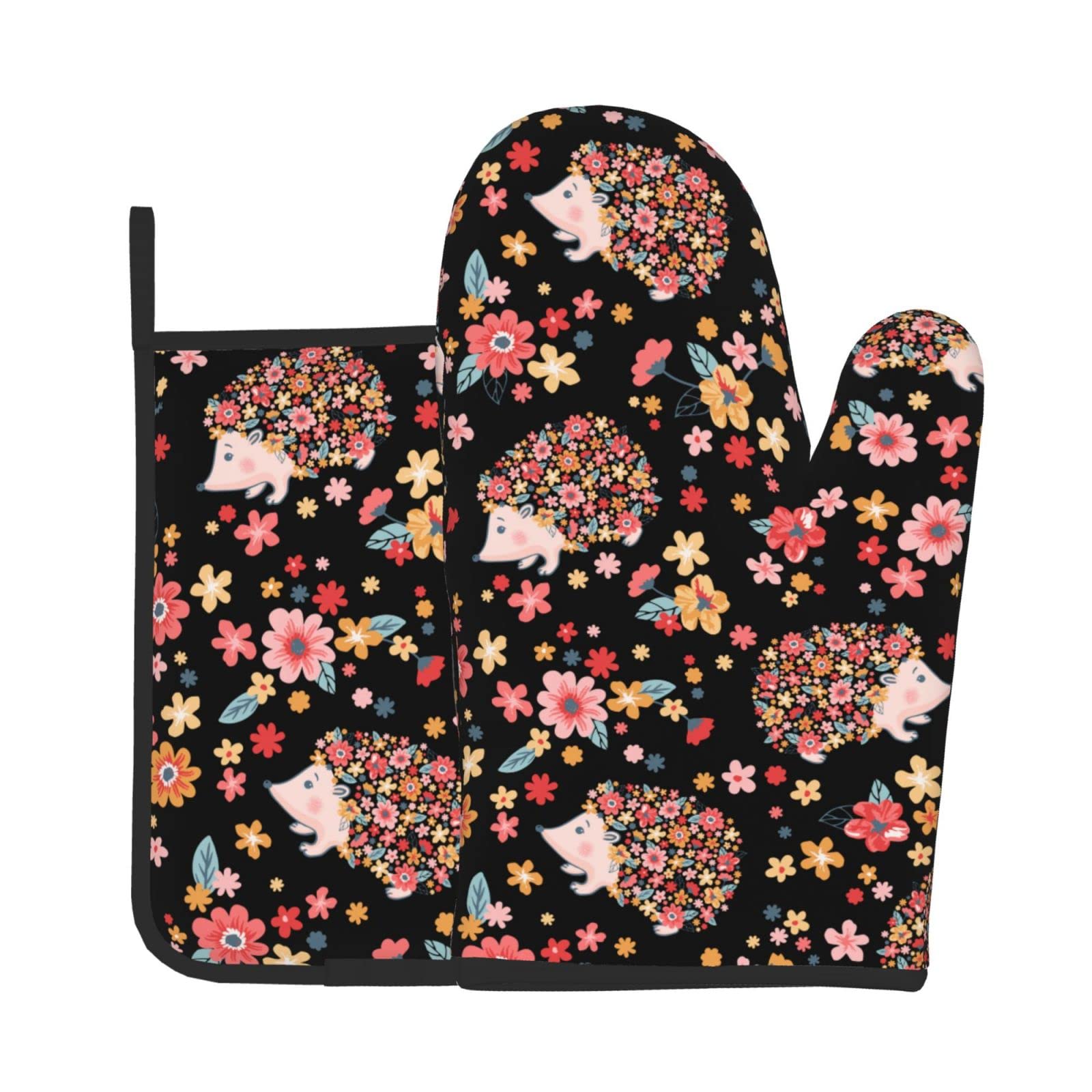 Oplp Flowers and Cute Hedgehogs Oven Mitts and Pot Holders Heat Resistant Oven Mitts Safe for Baking Cooking BBQ