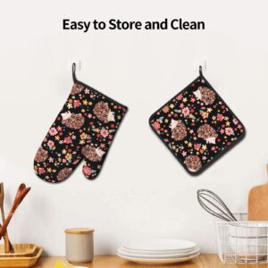 Oplp Flowers and Cute Hedgehogs Oven Mitts and Pot Holders Heat Resistant Oven Mitts Safe for Baking Cooking BBQ