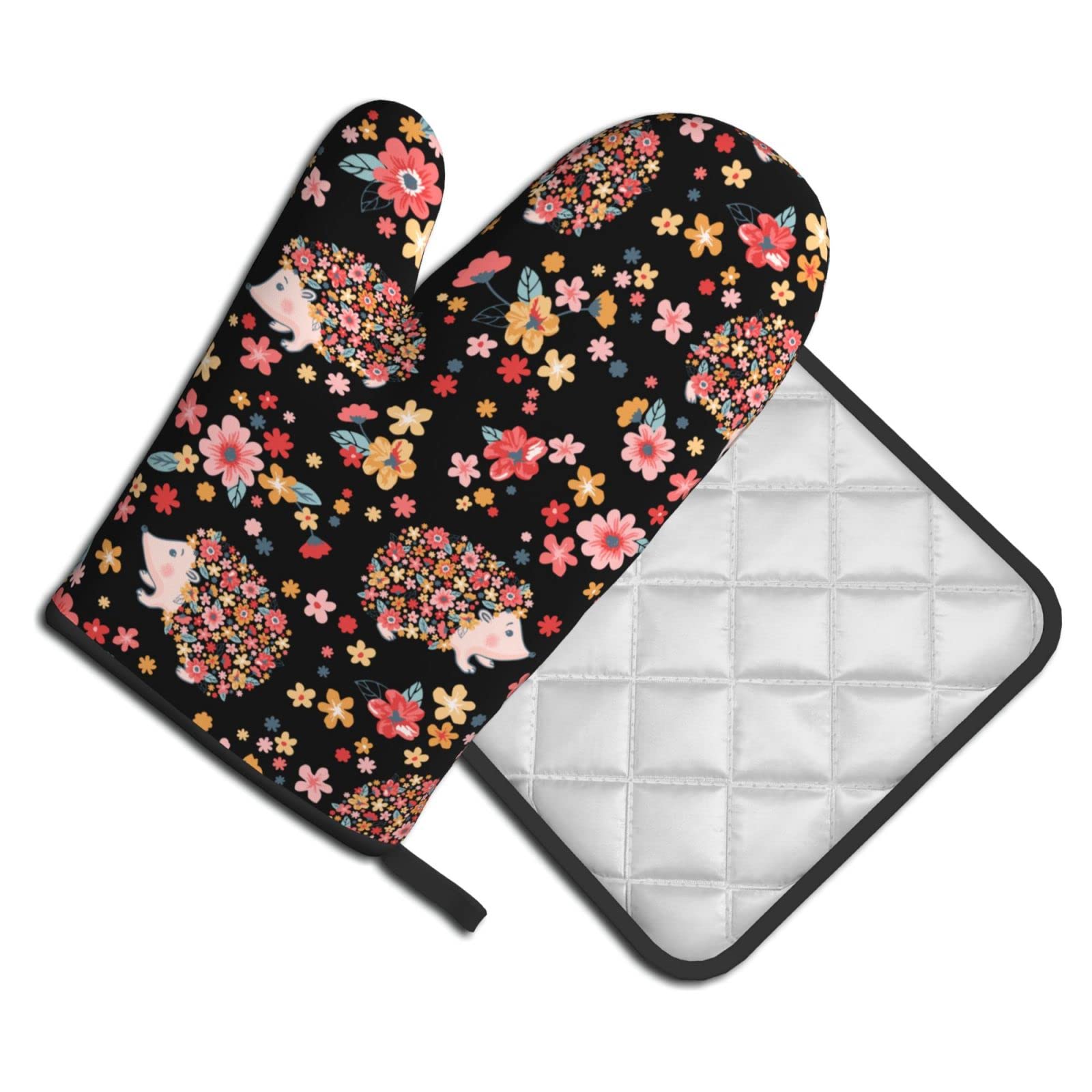 Oplp Flowers and Cute Hedgehogs Oven Mitts and Pot Holders Heat Resistant Oven Mitts Safe for Baking Cooking BBQ