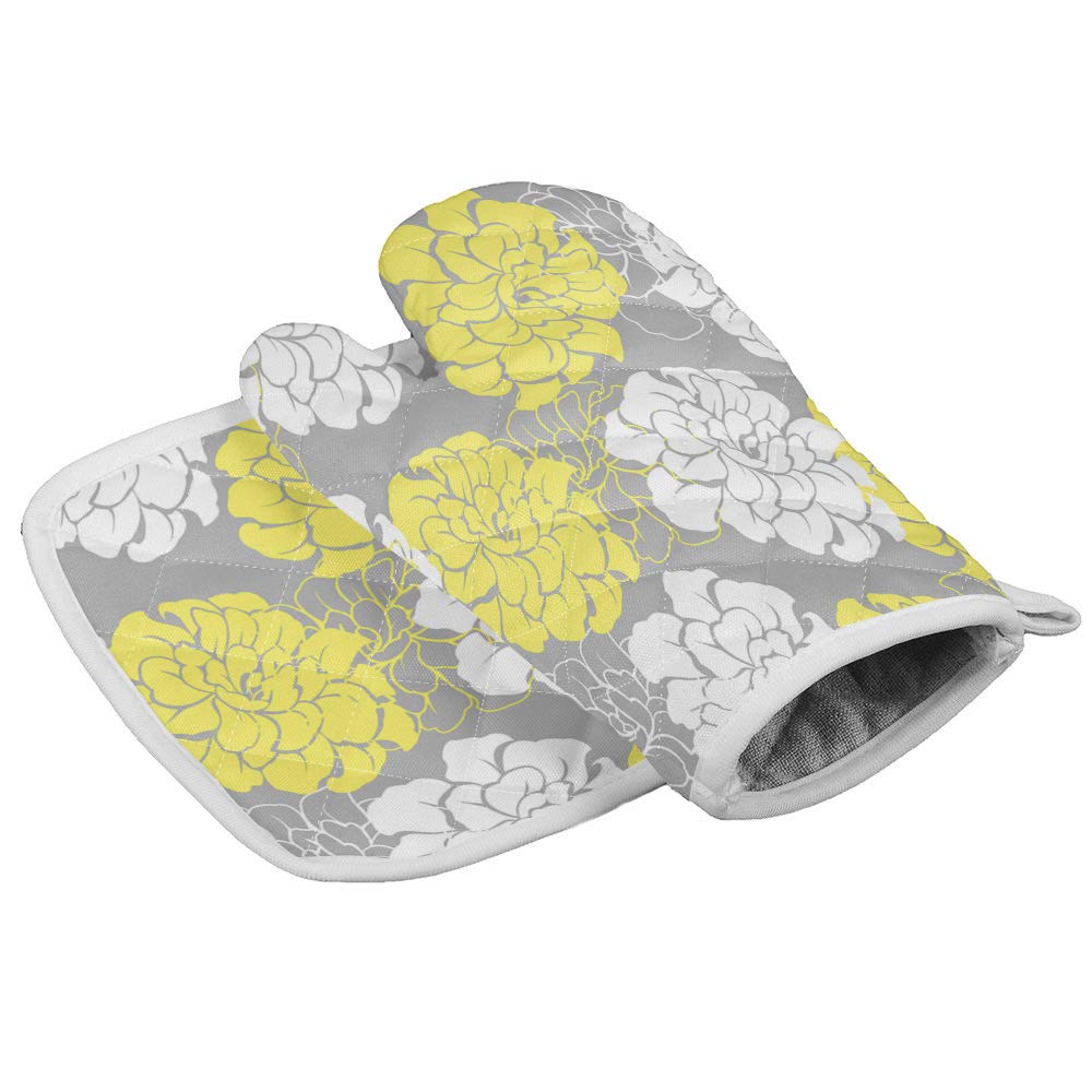 Oven Mitts and Potholders 2 pcs Set, Peony Floral Print Abstract Geometric Pattern Yellow Grey White Heat Resistant Kitchen Gloves and Hot Pads with Cotton Infill for Cooking Baking