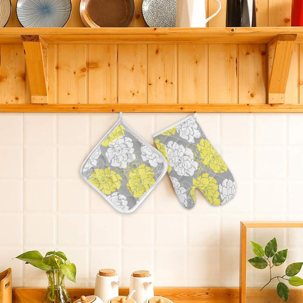 Oven Mitts and Potholders 2 pcs Set, Peony Floral Print Abstract Geometric Pattern Yellow Grey White Heat Resistant Kitchen Gloves and Hot Pads with Cotton Infill for Cooking Baking