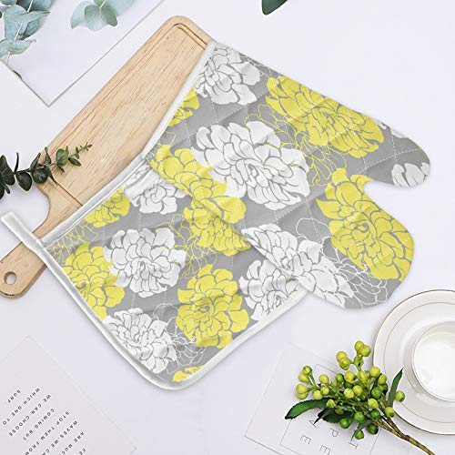 Oven Mitts and Potholders 2 pcs Set, Peony Floral Print Abstract Geometric Pattern Yellow Grey White Heat Resistant Kitchen Gloves and Hot Pads with Cotton Infill for Cooking Baking