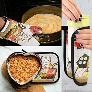 Oven Mitts and Pot Holders Sets, Sushi Cat Japanese Cute Funny Kitten Heat Resistant Non Slip Oven Gloves Hot Pads for Cooking Baking BBQ Decorative Kitchen Gift(2-Piece Set)