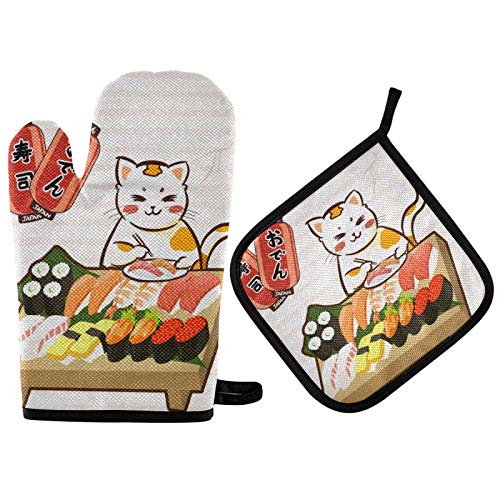 Oven Mitts and Pot Holders Sets, Sushi Cat Japanese Cute Funny Kitten Heat Resistant Non Slip Oven Gloves Hot Pads for Cooking Baking BBQ Decorative Kitchen Gift(2-Piece Set)