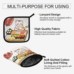 Oven Mitts and Pot Holders Sets, Sushi Cat Japanese Cute Funny Kitten Heat Resistant Non Slip Oven Gloves Hot Pads for Cooking Baking BBQ Decorative Kitchen Gift(2-Piece Set)