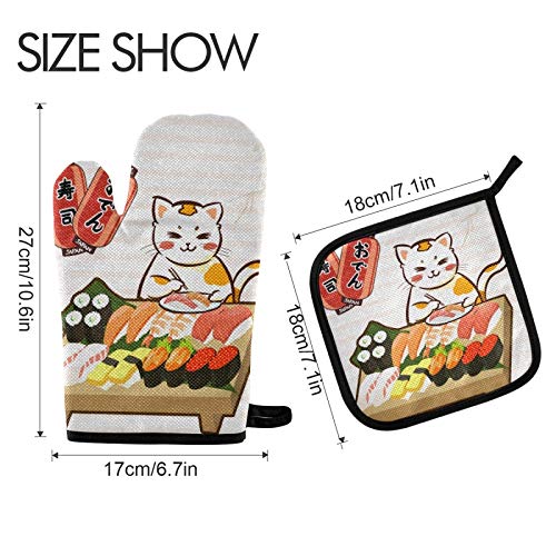 Oven Mitts and Pot Holders Sets, Sushi Cat Japanese Cute Funny Kitten Heat Resistant Non Slip Oven Gloves Hot Pads for Cooking Baking BBQ Decorative Kitchen Gift(2-Piece Set)