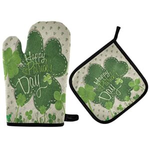 irish green shamrock oven mitts pot holder sets 2pcs st. patrick's day non-slip kitchen heat resistant hot pads for women cooking gloves baking wear bbq