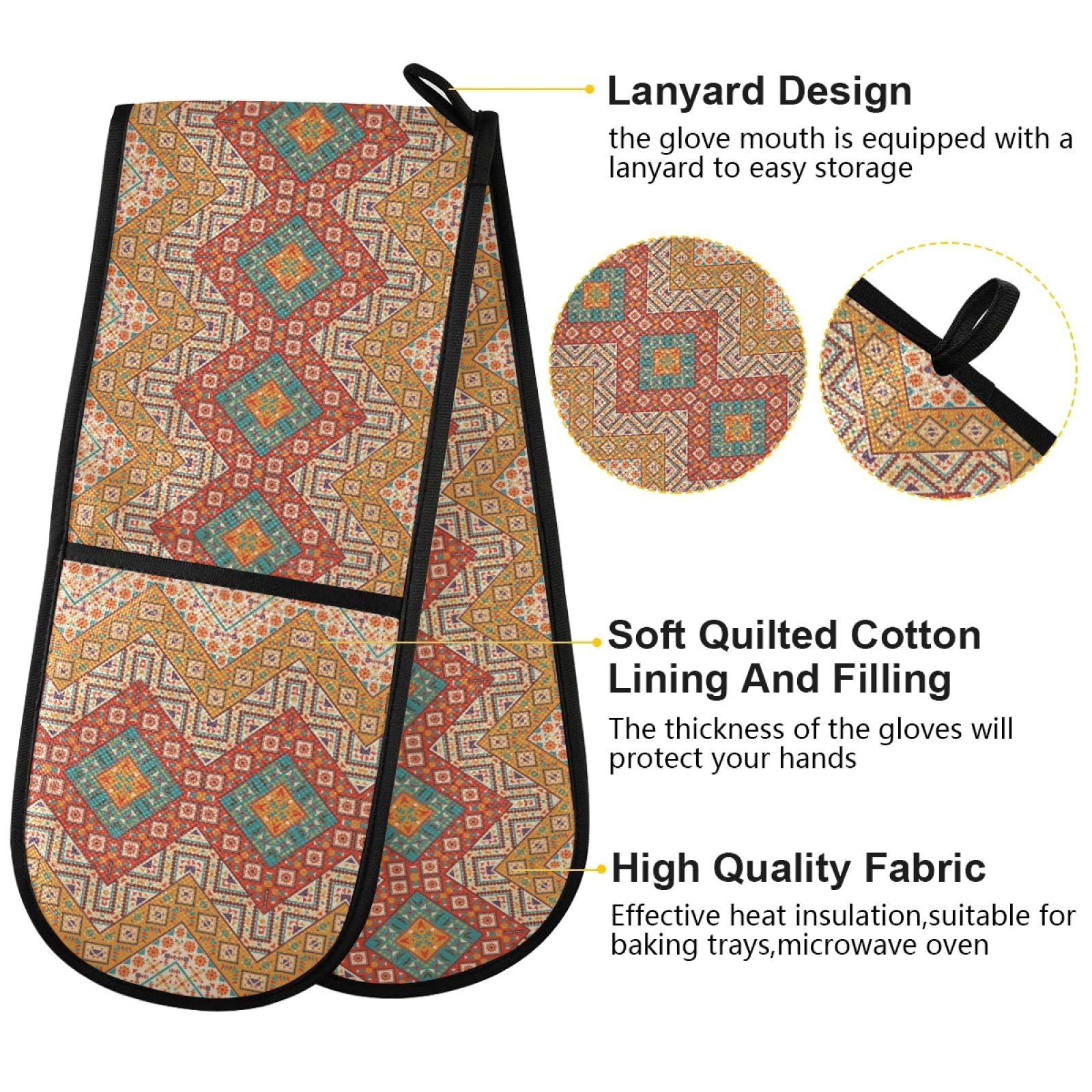 ALAZA Geometric Pattern Double Oven Mitt Washable Heat Resistant Potholder Oven Glove for Home Kitchen Cooking Baking 35x7 Inches