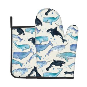 cute whale oven mitts and pot holders sets of 2, non-slip cooking hot pads washable heat resistant for kitchen microwave bbq baking grilling