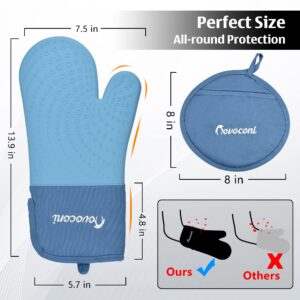 Extra Long Silicone Oven Mitts and Pot Holders Sets of 4, Novoconi Oven Mitts Heat Resistant 446F with Quilted Cotton Liner, Non-Slip & Waterproof Silicone Oven Mitts for Kitchen Cooking and Baking