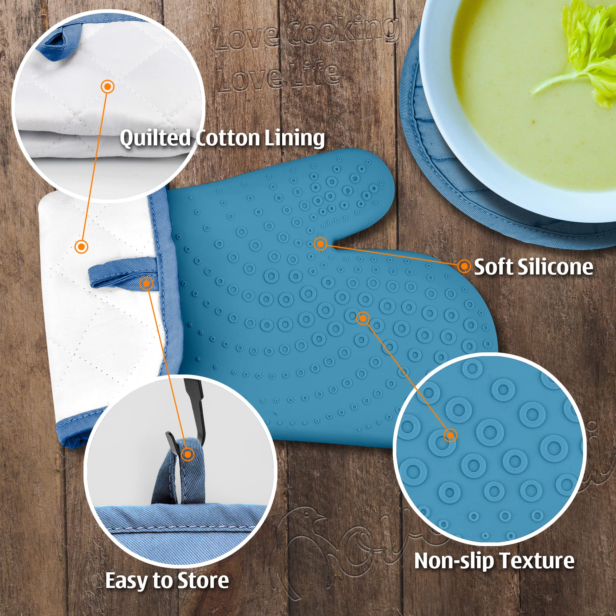 Extra Long Silicone Oven Mitts and Pot Holders Sets of 4, Novoconi Oven Mitts Heat Resistant 446F with Quilted Cotton Liner, Non-Slip & Waterproof Silicone Oven Mitts for Kitchen Cooking and Baking