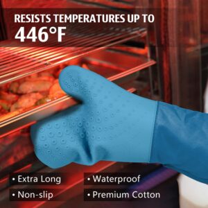 Extra Long Silicone Oven Mitts and Pot Holders Sets of 4, Novoconi Oven Mitts Heat Resistant 446F with Quilted Cotton Liner, Non-Slip & Waterproof Silicone Oven Mitts for Kitchen Cooking and Baking