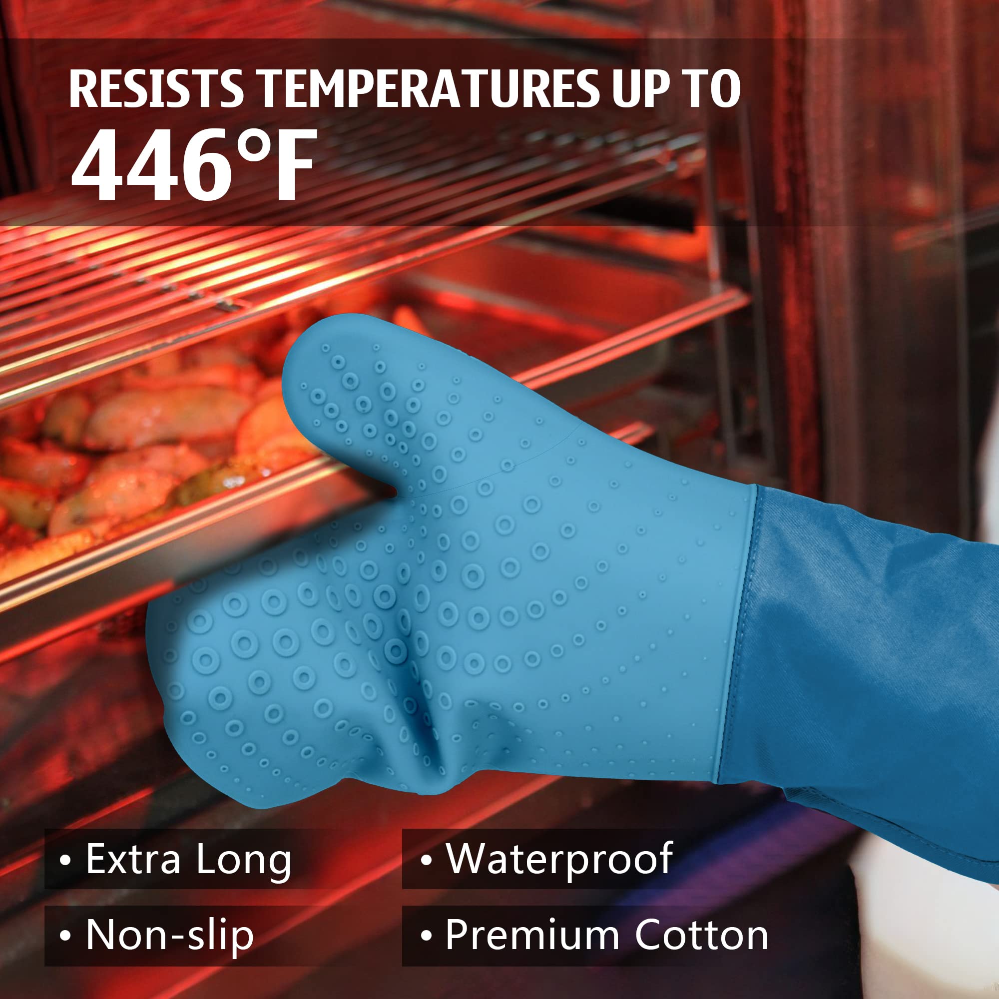 Extra Long Silicone Oven Mitts and Pot Holders Sets of 4, Novoconi Oven Mitts Heat Resistant 446F with Quilted Cotton Liner, Non-Slip & Waterproof Silicone Oven Mitts for Kitchen Cooking and Baking