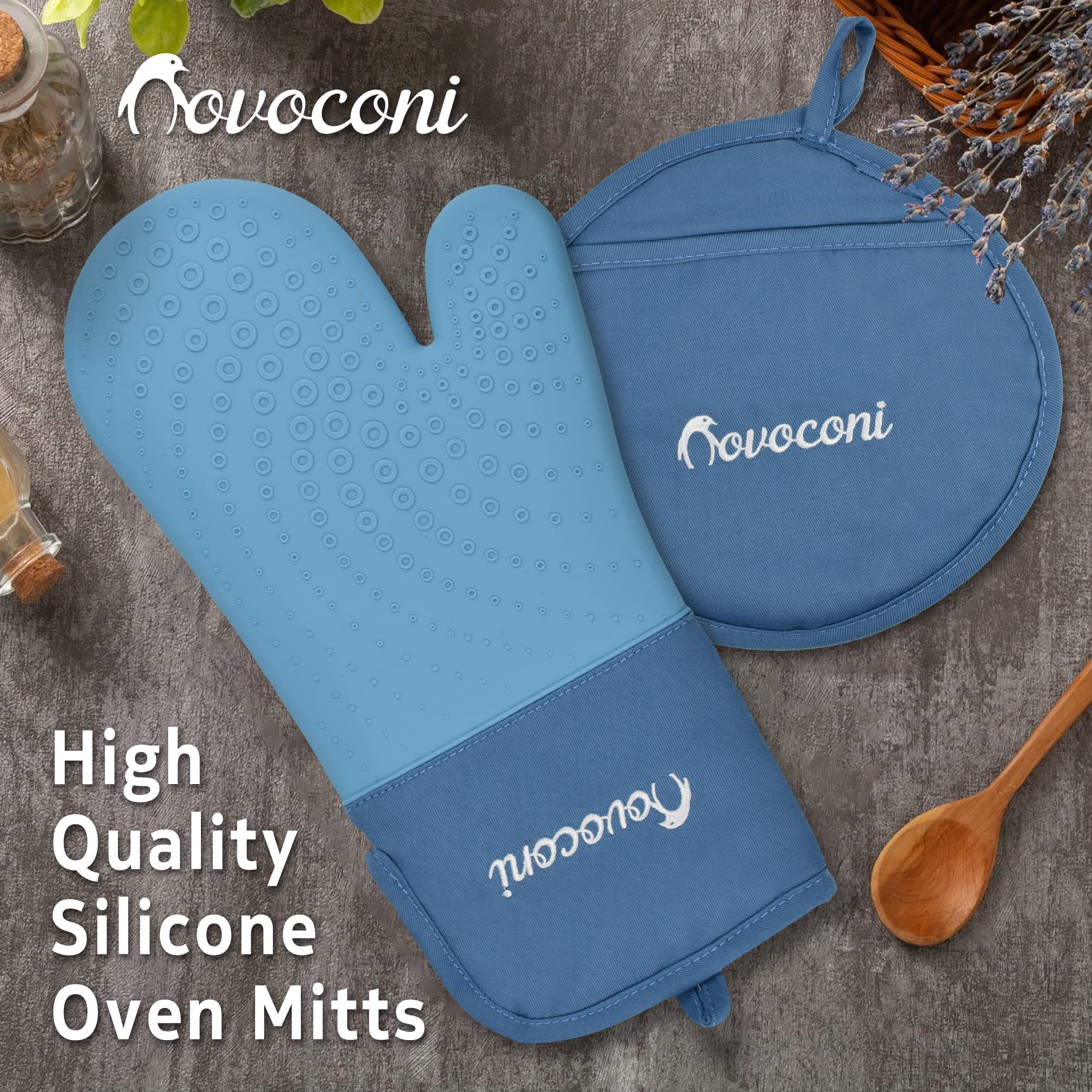 Extra Long Silicone Oven Mitts and Pot Holders Sets of 4, Novoconi Oven Mitts Heat Resistant 446F with Quilted Cotton Liner, Non-Slip & Waterproof Silicone Oven Mitts for Kitchen Cooking and Baking