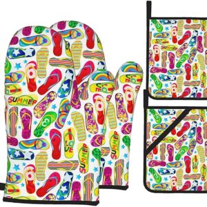 Colorful flip Flops Pattern Oven Mitts and Pot Holders Set of 4 Kitchen Set for Cooking